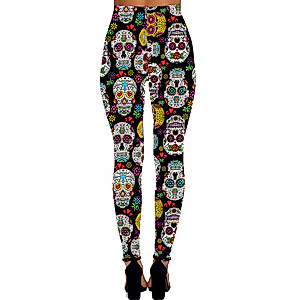 Halloween Womens Leggings Day of The Dead Sugar Skull Printed Stretchy High Waist Pants S