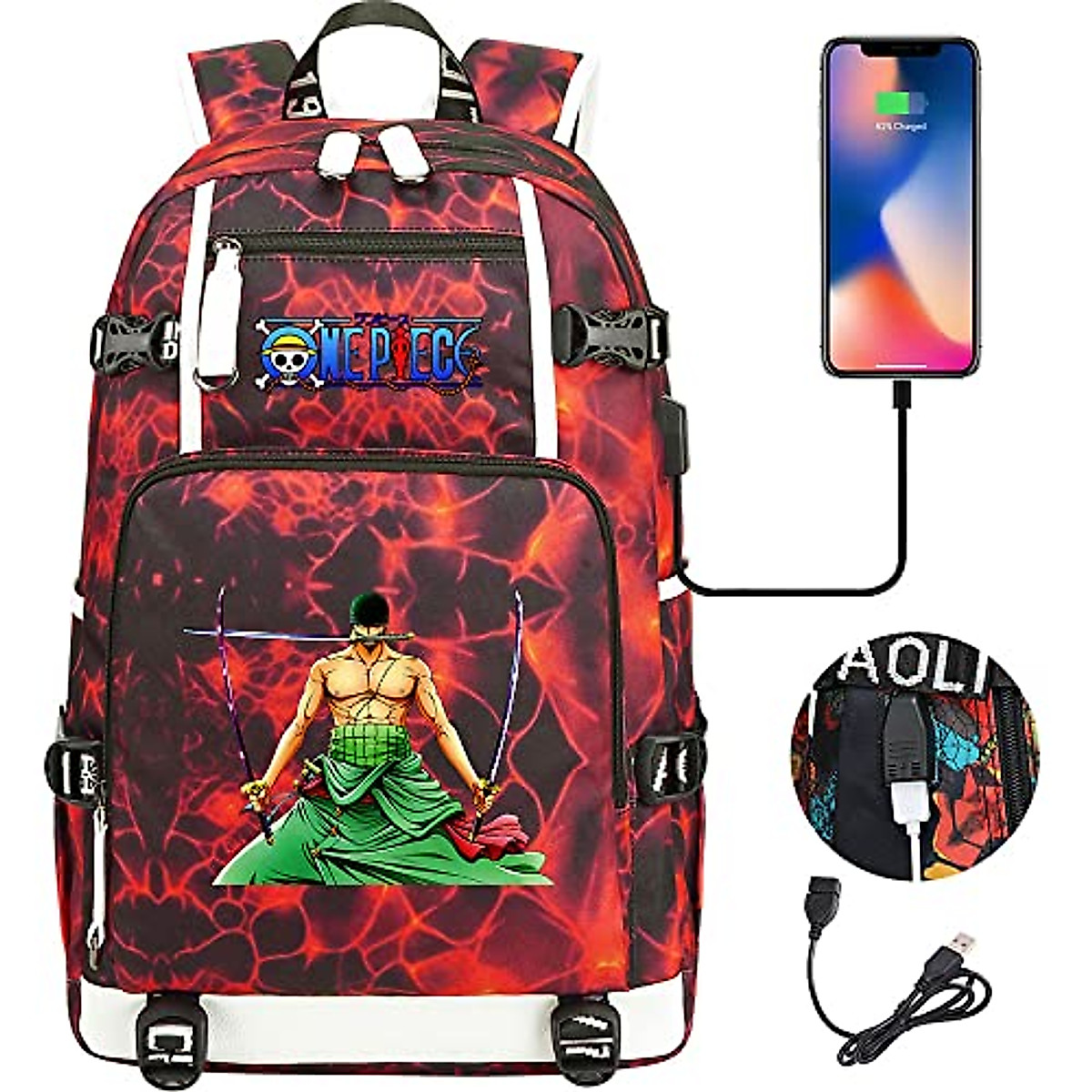 One Piece anime character Luffy fashion backpack equipped with USB interface casual large-capacity laptop backpack (F4-4)