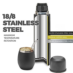 BALIBETOV Complete Yerba Mate Set - Modern Mate Gourd, Thermos, Bombilla and Cleaning Brush Included - All Premium Quality 304 18/8 Stainless Steel (Full Black)