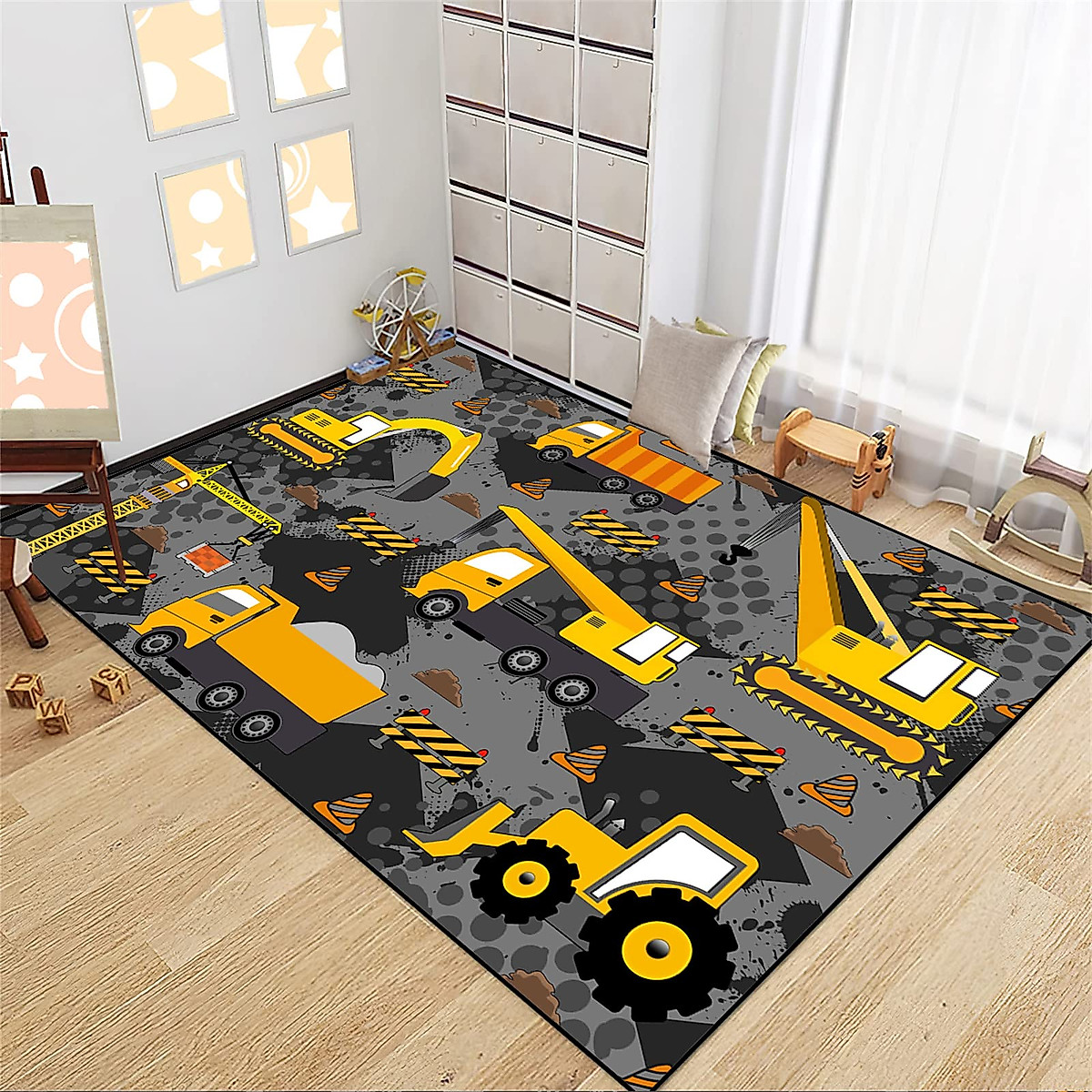 CAFCIOYG Construction Rugs for Boys Room Play Rug for Cars and Trucks Car Rug Play Mat Kids Rugs for Playroom Car Rug for Boys Room Construction Decor for Boys Room,Grey 2'5''×4'