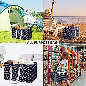 LLARUG Canvas Collapsible Utility Tote Bag,Oversized Beach Bag,Reusable Grocery Shopping Bag,Large Laundry Carry Bag,Laundry Basket (Blue Lattice)