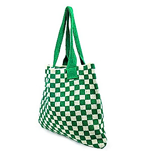 Stizimn Crochet Tote Bag for Women Shoulder Bag Handbags Knitting Hobo Bag Aesthetic Handmade Weaving Large Capacity (Checkerboard Pattern Green)