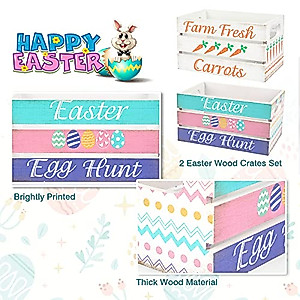 Easter Wooden Storage Crates Spring Mini Crate Decorations Easter Tiered Tray Decor Rustic Farmhouse Wood Box with Decorative Eggs Carrots for Easter Spring Home Decor Table Centerpiece