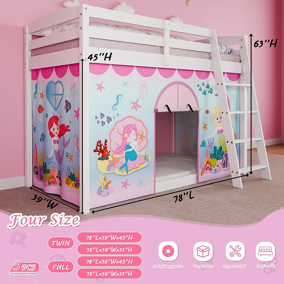 YRDKB Mermaid Bunk Bed Curtains - 45H Premium and Customizable Cartoon Loft Bed Curtains for Children to Enhance The Imaginative Creation Bedroom Curtains(3PCS,Twins)