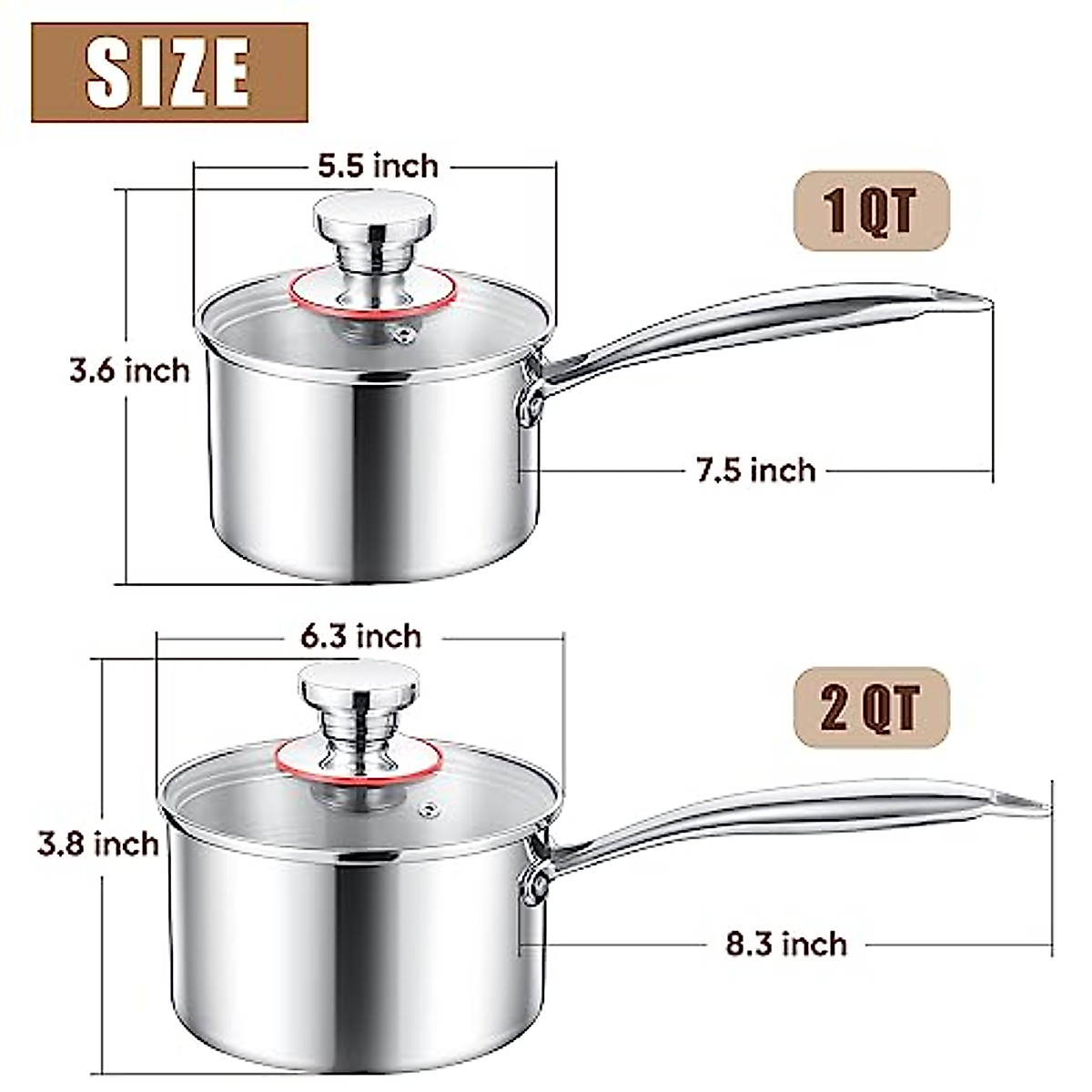 1Qt & 2 Qt Saucepan with Lid Set, E-far Triply 18/10 Stainless Steel Sauce Pan Pot for Cooking Pasta Warming Milk Boiling Water, Small Metal Cookware for Kitchen, Induction Ready & Heavy Duty