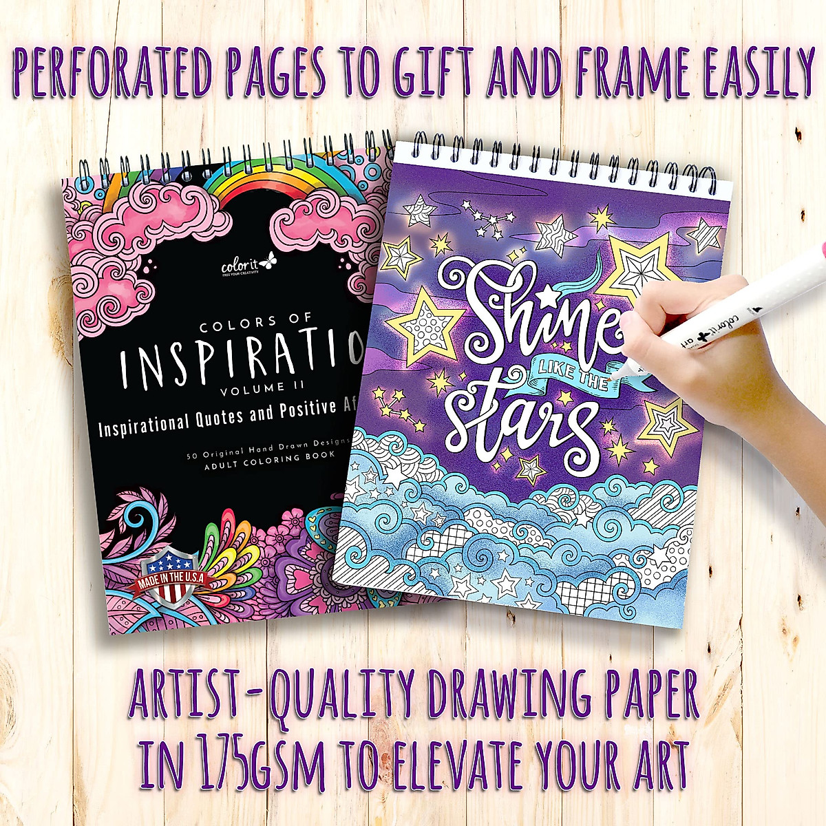 ColorIt Colors of Inspiration Volume 2 Inspirational Quotes and Positive Affirmations Adult Coloring Book, 50 Original Designs, Spiral Binding, USA Printed, Lay Flat Hardback Book Cover, Ink Blotter