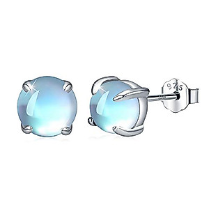 Moonstone Earrings 925 Sterling Silver Round Synthetic Moonstone Stud Earrings Moonstone Jewelry for Women Hypoallergenic Earrings for Sensitive Ears (A-Silver, 6)