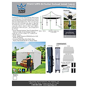 King Canopy Festival 10-Feet by 10-Feet Instant Pop up with 3 Solid Sides, 1 Zippered Door and Weight Bags, 1-Inch Steel Frame, White, FSSHST10WH-B2