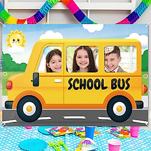 School Bus Photo Prop Selfie Frame Fabric Back to School First Day of School Background Banner Birthday Party Supplies The Bus Party Sign Decor, 59 x 41in