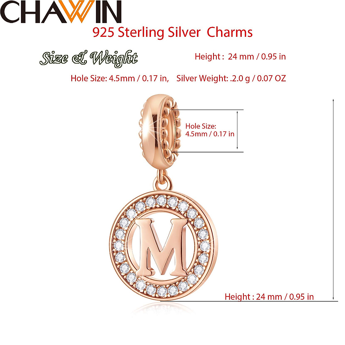 CHAWIN Initial M Letter Charms, Alphabet Charms Rose Gold, Authentic 925 Sterling Silver Charms fit Pandora Charm Bracelets, Necklace, Circle Dangle Charm Gift for Women, Sparkling Clear Stones