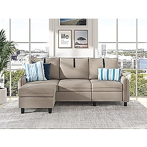 Pingliang Home 80" Sectional Sofas for Living Room, 3 Seat L Shaped Couch with Reversible Ottoman, Modern Linen Fabric Small Sectional Couch for Apartment Small Space, Beige