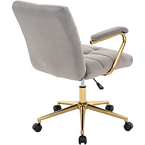 MFD LIVING Velvet Home Office Desk Chair, Upholstered Adjustable Swivel Task Chair with Wheels, Tufted Mid-Back Computer Chair with Arms, for Study Living Room Vanity (Grey, Gold Base)