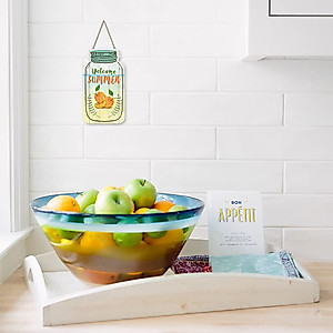 Putuo Decor Yellow Peach Mason Jar Sign, Summer Fruit Decorations for Garden, Yard, Patio, Porch, Front Door, 8.3x4.5 Inches Hanging Wall Plaque - Welcome Summer