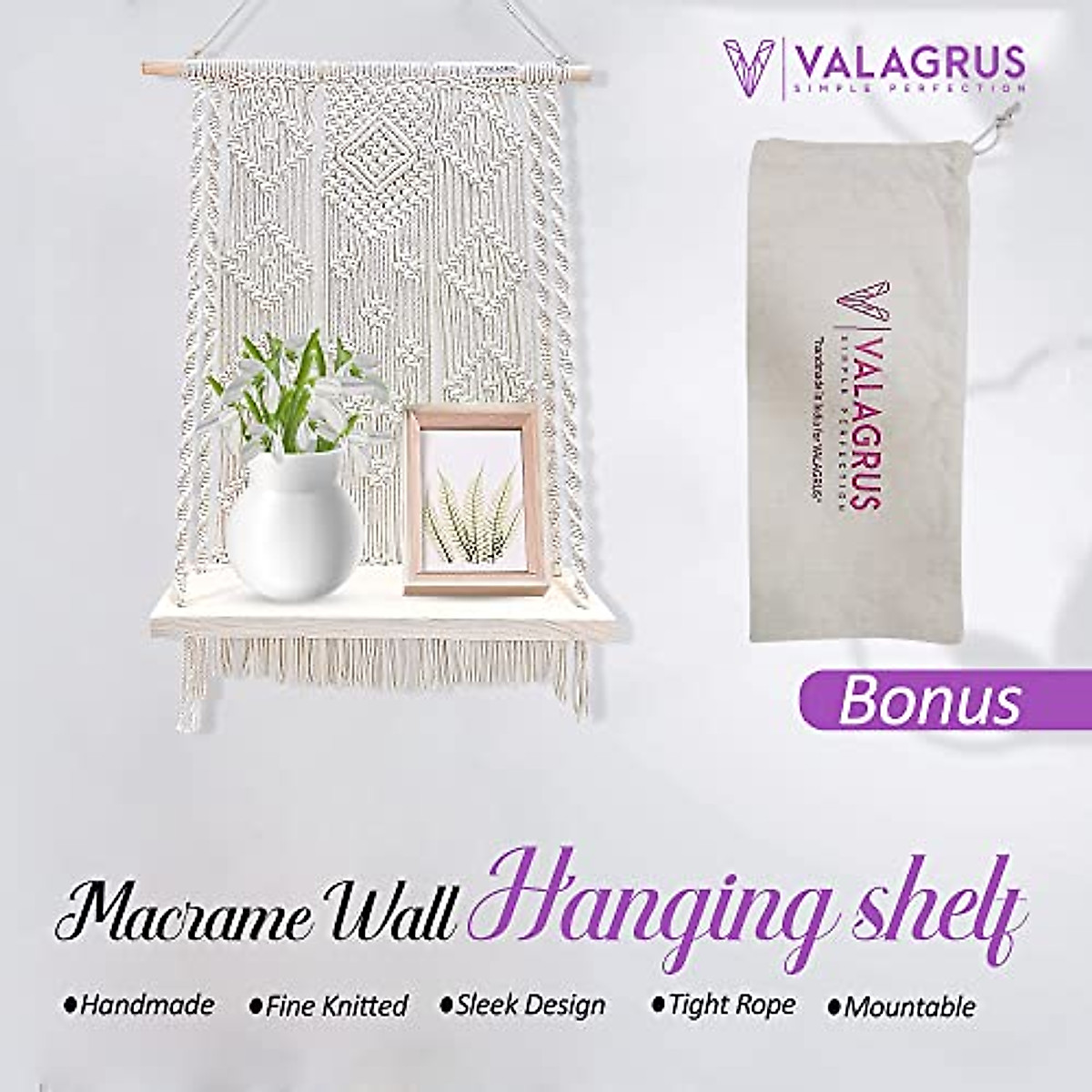 VALAGRUS Macrame Wall Hanging Shelves, Boho Room Decor, Rope Shelf with Handmade Woven Rope 2 Coasters, Wooden Hanging Shelves for Bedroom, Bathroom, Living Room Kitchen, Photo Frames, Small Plants.