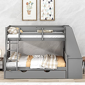 Twin Over Full Bunk Bed with Desk and Trundle, Wooden Bunk Beds Twin over Full Size with Storage Drawers and Shelf ,Storage Bunk Beds with Ladder & Guardrails for Kids Girls Boys ,Grey