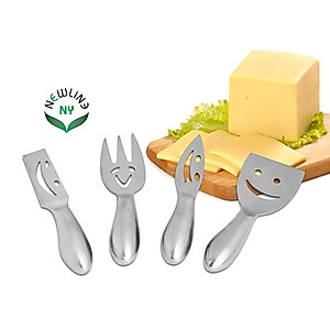 NewlineNY Stainless Steel 4 Pieces Smiling Faces Cheese Knife Set: Hard and Soft Cheese Knives, Serving Fork & Cheese Spreader