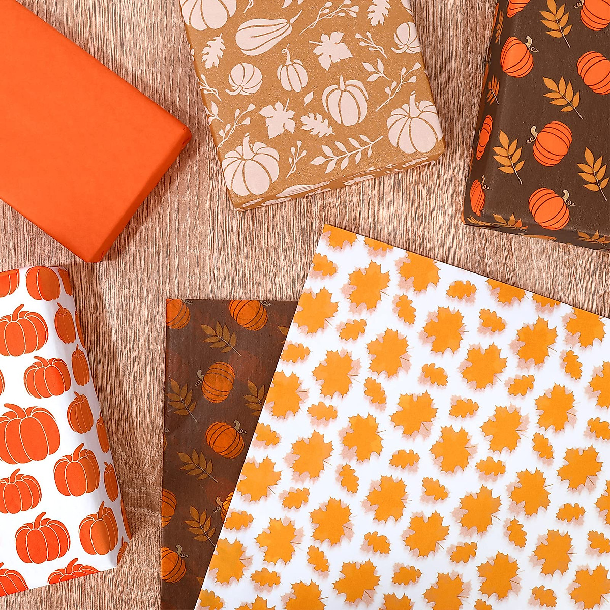 Whaline 160 Sheets Fall Tissue Paper Folded Flat Pumpkin Wrapping Paper Thanksgiving Gift Wrapping Tissue Paper Rustic Art Paper Crafts for Home DIY Gift Bags Party Favor Autumn Decor, 14 x 20inch