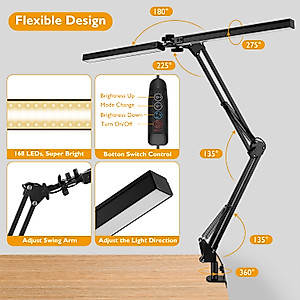 JOSTIC LED Desk Lamp with Clamp, Super Bright Double Head Desk Lamps for Home Office, 5 Color Modes, 10%~100% Dimmable Brightness, Architect Task Desk Light, Modern Swing Arm Workbench Desk Lighting