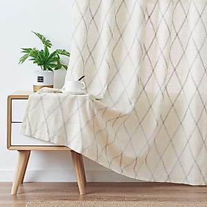 jinchan Linen Curtains for Living Room Grey Diamond Embroidered Curtains Geometric Patterned Window Drapes Flax Window Treatment Set for Bedroom Grommet Curtains 84 Inches Long 2 Panels