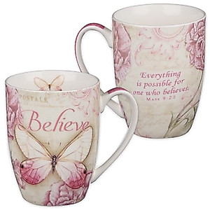 Christian Art Gifts Botanic Pink Butterfly Ceramic Coffee Mug – Inspirational Coffee Cup for Women & Men 12 oz. Lead-free Microwave and Dishwasher Safe Coffee Mug with Bible Verse: Believe - Mark 9:23