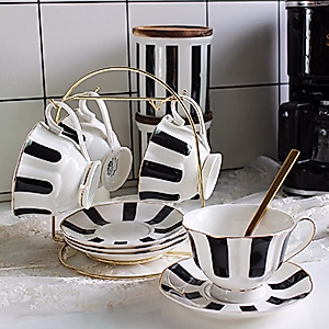 EKUEE Black and White Retro Series European Striped Polka Dot Coffee Cup and Saucer Mug Cake Plate Afternoon Tea Set (A)