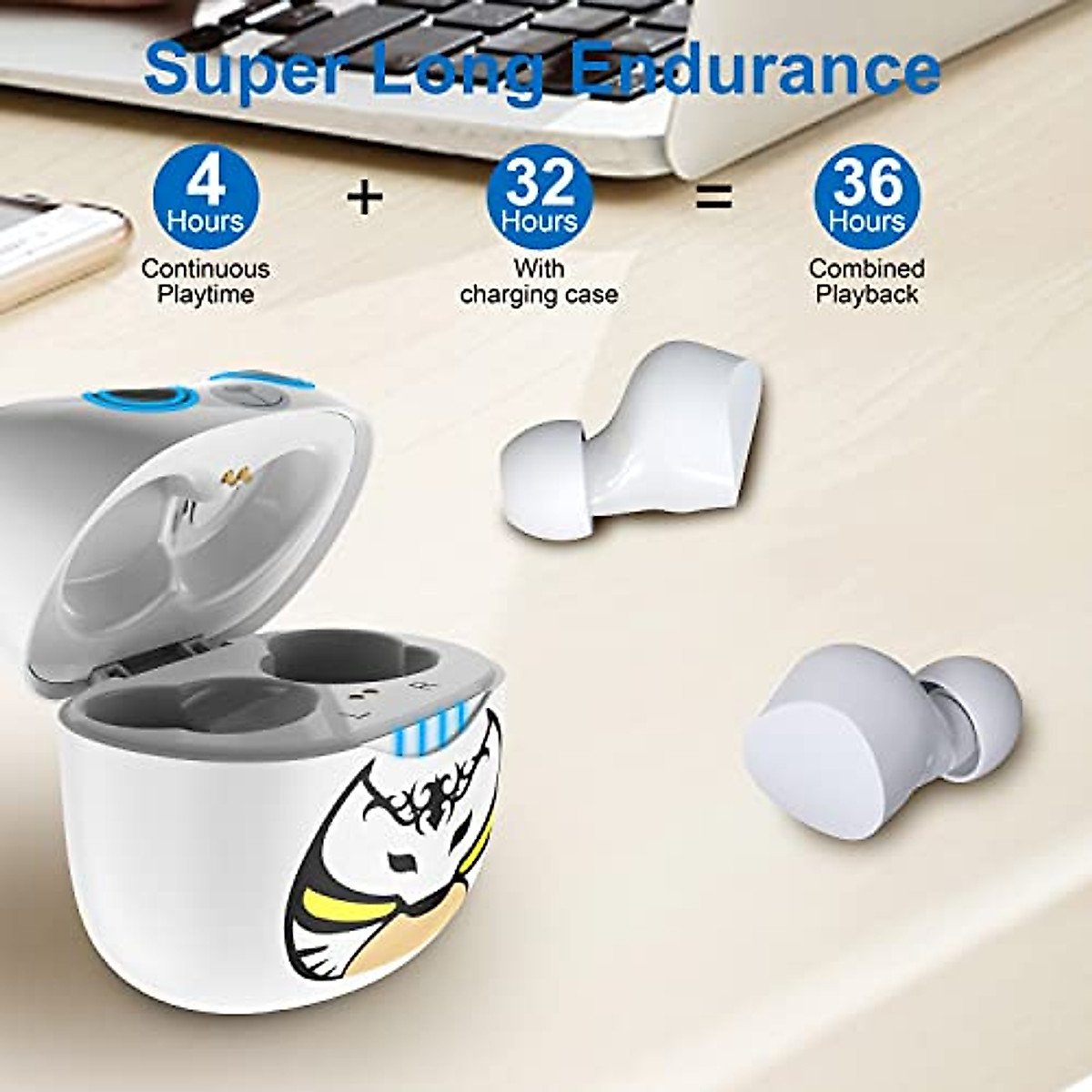 Cartoon Bluetooth Earbuds, Bluetooth 5.1 ，StereoActive Noise Cancellation, Bluetooth 5.1 Smart Touch, IPX5 Waterproof and Sweatproof, 36 Hours Play Time, for Android/iOS