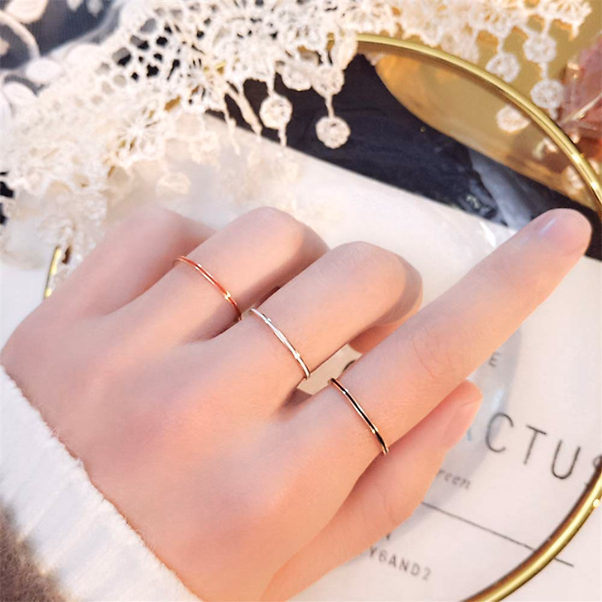 IFUAQZ Women's Stainless Steel 1MM Thin Midi Stacking Ring Enamel Plain Rose Gold Wedding Band Comfort Fit Black Size 6