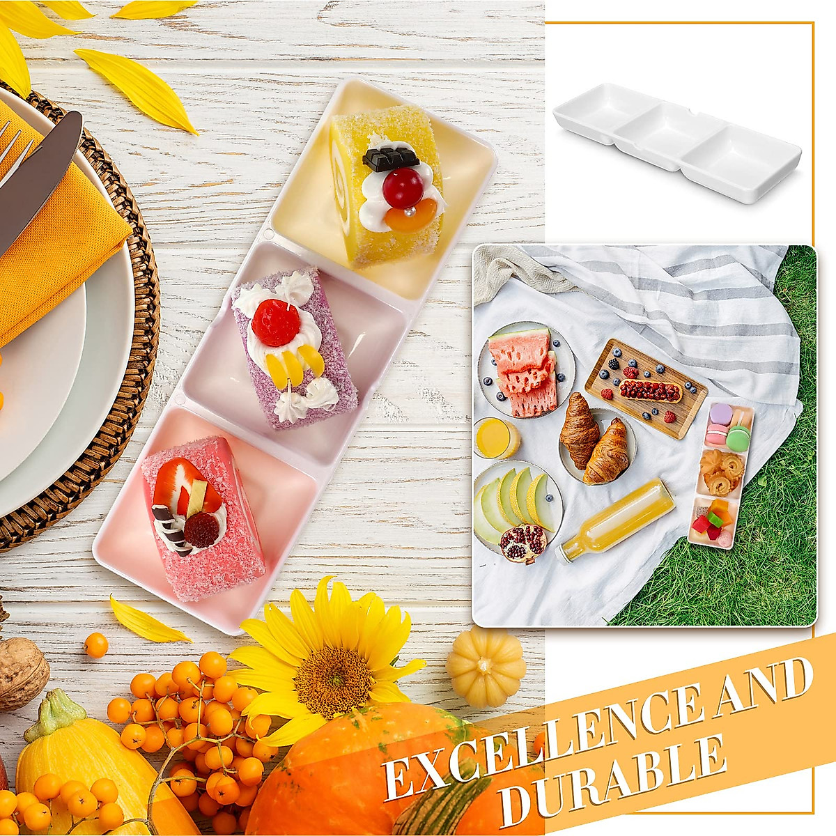 24 Pcs 8.7 x 2.8 Inch 3 Compartment Appetizer Serving Tray Plastic 3 Section Dessert Platters Rectangular Divided Plate White Compartment Serving Dishes Dipping Sauces Dinner Buffet Restaurant Kitchen