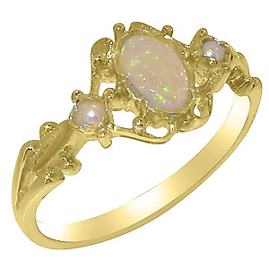 LetsBuyGold 10k Yellow Gold Natural Opal & Cultured Pearl Womens Trilogy Ring - Size 11.25