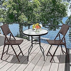 HAPPYGRILL Folding Rattan Chairs Outdoor Set of 2 Patio Rattan Wicker Bistro Chairs with Weather-Resistant PE Rattan and Anti-Rust Steel Frame