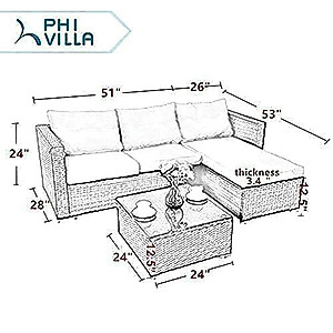 PHI VILLA Outdoor Patio Conversation Set Rattan Sectional Sofa- Small Wicker Patio Furniture Bistro Set 3-Piece, Blue