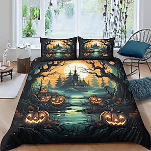 EVMILA Halloween Comforter Covers Duvet Cover Quilt Cover 3D Print Pumpkin for Teens and Adults with Pillow Cases with Zipper Closure Soft Microfiber Bedding Set 3 Pieces Queen（228x228cm）