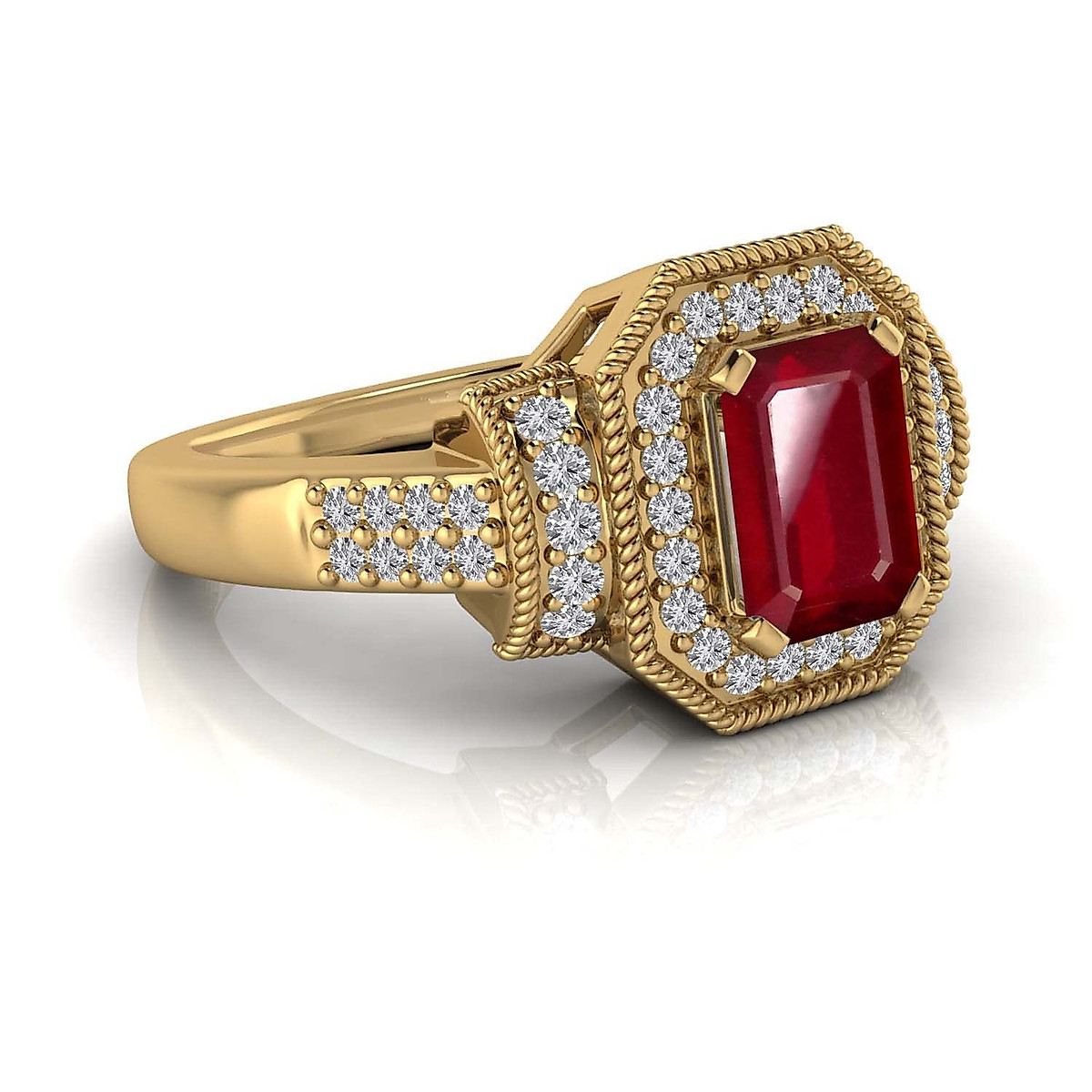 Pretty Jewels Center 7.5x5.5mm Emerald Cut Lab Created Ruby Gemstones And Natural White Diamond Halo Solitaire Engagement Rings for Women In 10k Yellow Gold Gift For Her (1.80 Cttw) Size-10