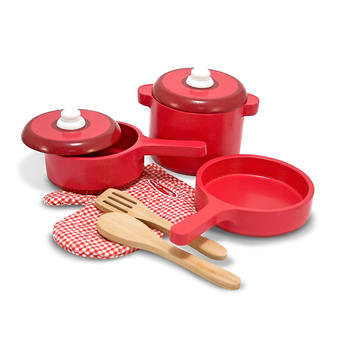 Melissa & Doug Deluxe Wooden Kitchen Accessory Set - Pots & Pans (8 pcs) , Green , H: 12 x W: 12 x D: 5