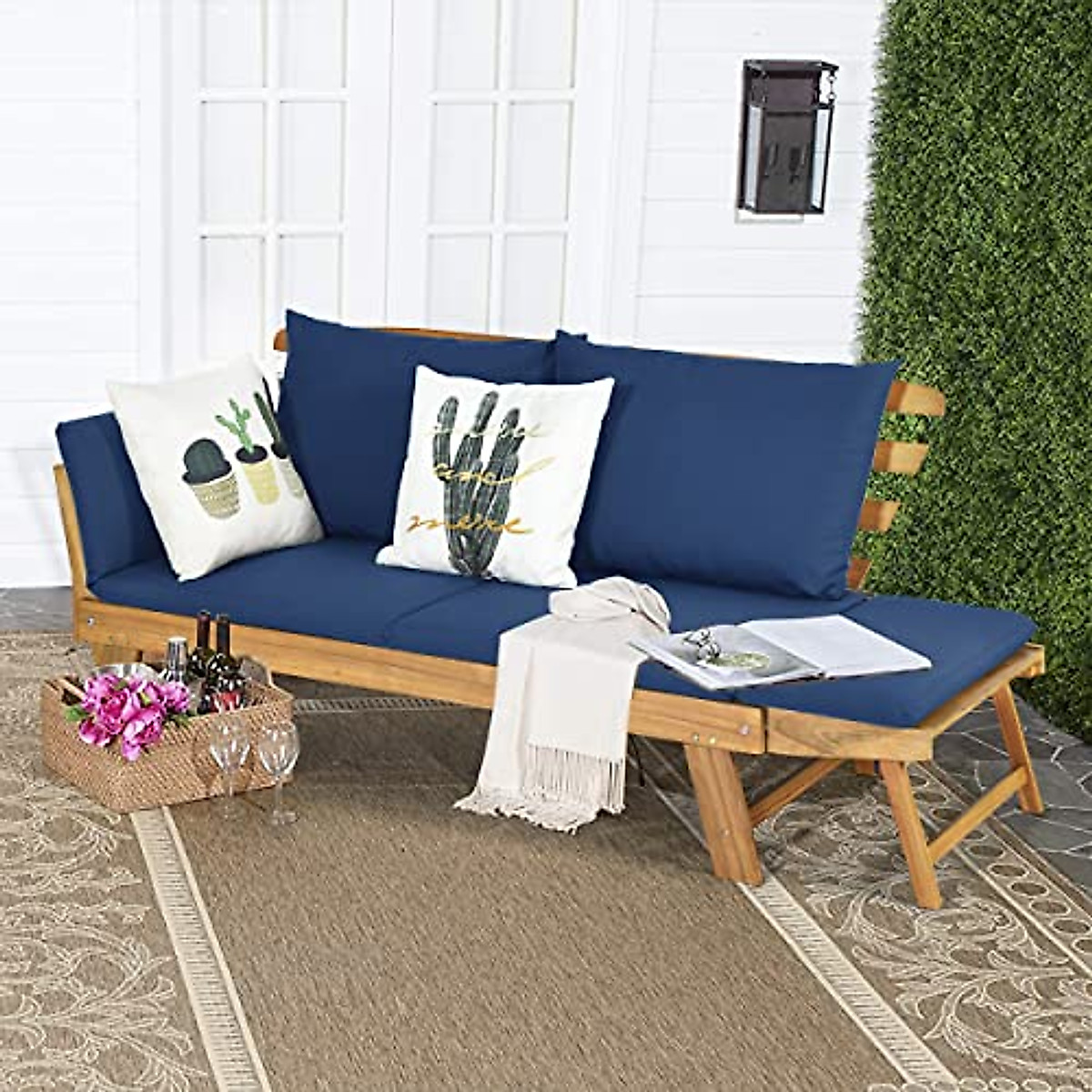 Tangkula Acacia Wood Patio Convertible Couch Sofa Bed with Adjustable Armrest, Outdoor Daybed with Cushion & Pillow, Turquoise & Navy Cushion Cover Sets, Folding Chaise Lounge Bench Ideal for Porch