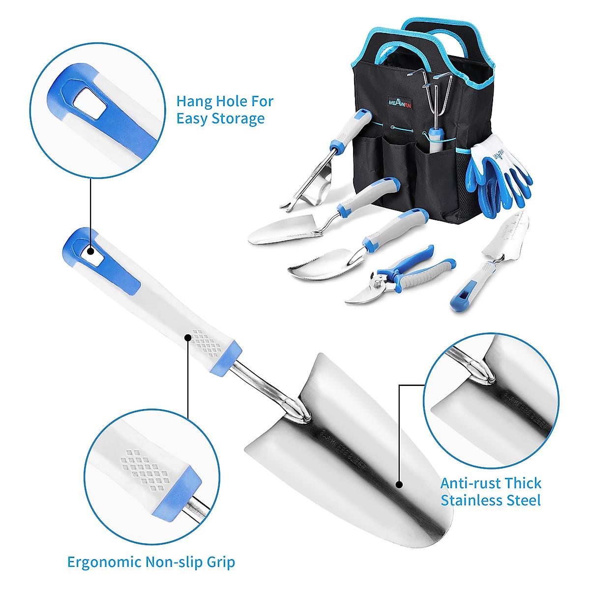 Gardening Tools, 8 Pcs Heavy Duty Stainless Steel Garden Tool Set with Durable Storage Tote Bag, Non-Slip Rubber Grip, Outdoor Gardening Hand Tools, Ideal Gardening Gifts for Men Women Gardener