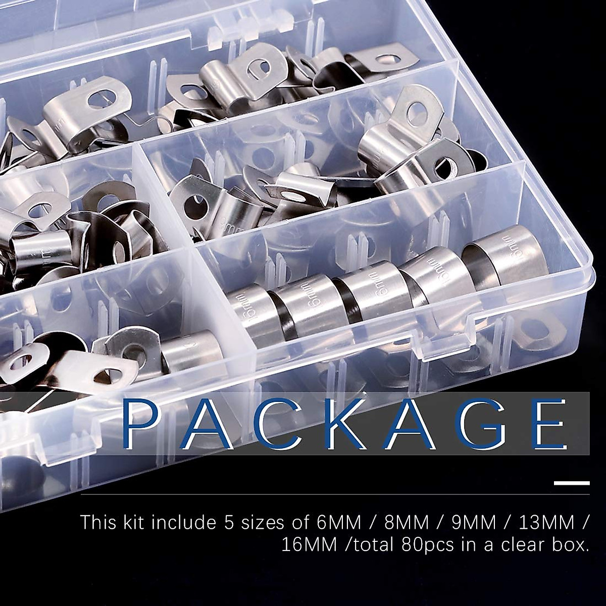 Glarks 80Pcs 5 Size 1/4'' 5/16'' 3/8'' 1/2'' 5/8'' Stainless Steel Cable Clamp Assortment Kit