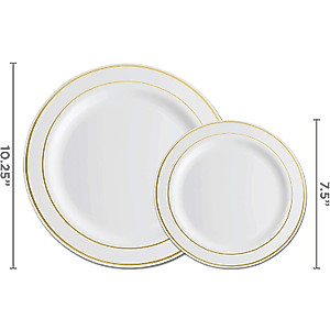60 Gold Plastic Plates Set, 30 Pcs 10.25 Inch Plastic Dinner Plates and 30 Pcs 7.5 Inch Plastic Dessert Plates, Elegant Fancy Heavy Duty Disposable Plates for Party, Wedding, White with Gold Rim