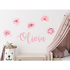 Custom Name Flower Wall Decal - Watercolor Floral Wall Decals - Custom Peonies Flower Wall Stickers - Peonies Blossom Wall Stickers - Girls Flowers Wall Stickers - Wall Decal for Nursery Home Decor