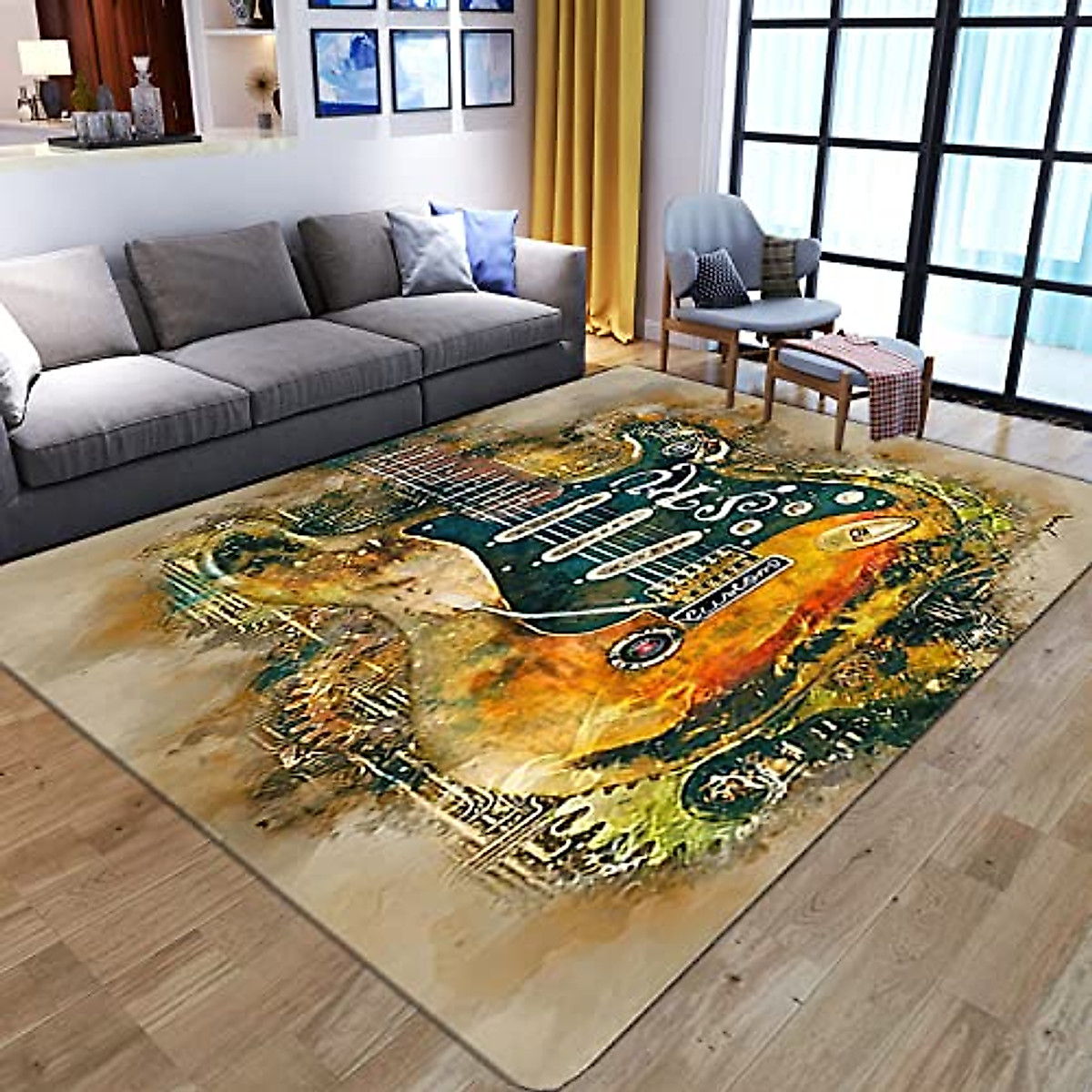 Fluffy Rug 8x10 Feet / 240x300 cm Faux Wool Indoor Accent Rug Non-Slip Low-Pile Carpet for Entrance Living RoomBedroom Dining Table Gray Yellow red Green Guitar Pattern