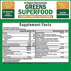 Super Greens Superfood Powder - Greens Powder with Probiotics Prebiotics Digestive Enzymes and 43 Green Superfoods - Chlorophyll Bilberry Chlorella Spirulina Grass - Tastes Amazing - 30 Servings