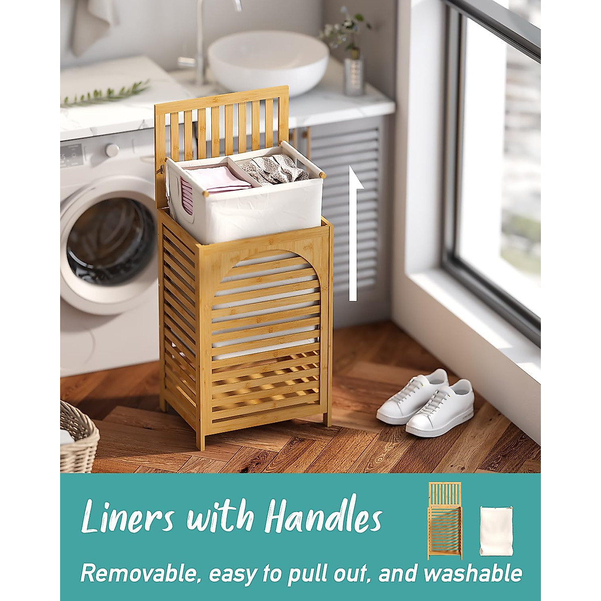 Laundry Hamper, 22.5 Gallon (85L) Bamboo Wood Clothes Laundry Basket with Lid and Handles, Removable Liner (Natural)