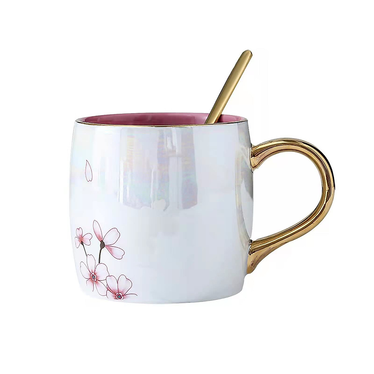 KEYIGOU 13.5oz Cherry Blossom Ceramic Mug with Lid Gold Spoon Pretty Tea Cup Coffee Mugs for Women Unique Sakura Gifts