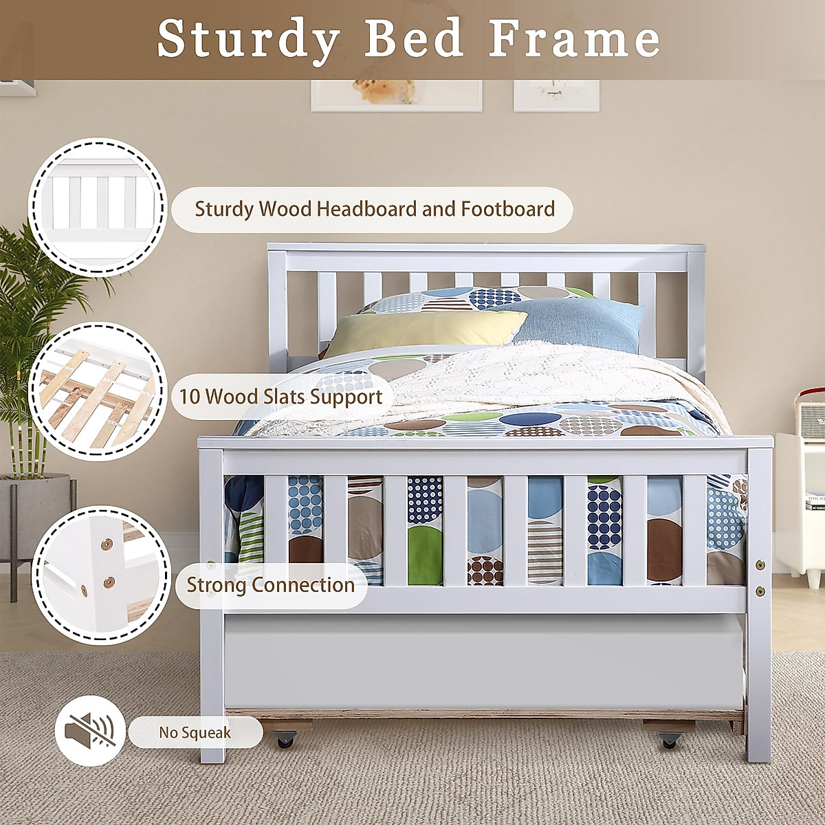 Twin Bed with Pull out Trundle, Modern Pine Wood Platform Bed with Headboard and Footboard, Trundle Bed Frame for Bedroom, Small Living Space, Boys, Girls, Adults, No Box Spring Needed, White