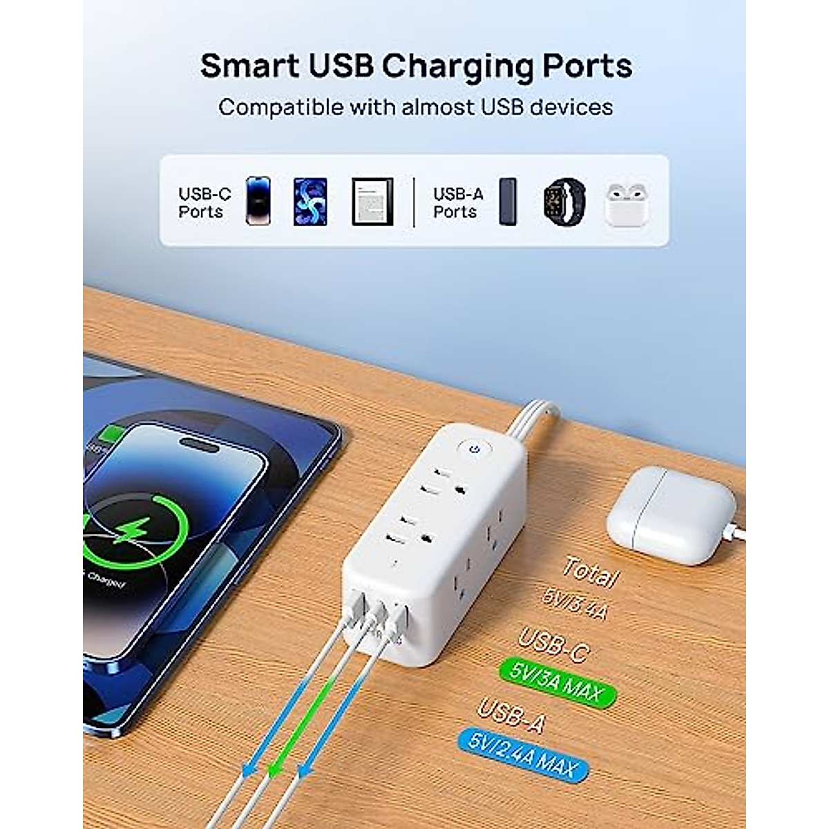 TROND Ultra Thin Flat Extension Cord 10 ft, Flat Plug Power Strip Surge Protector, 6 Wide Space Outlets 3 USB Ports(1 USB C), 3 Side Outlet Extender, Desk Charging Station Compact for Travel Home Dorm