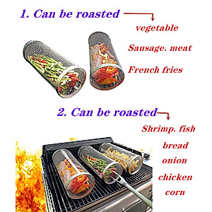 Ruggedized Rolling Grilling Basket-Round Stainless Steel BBQ Grill Mesh-Outdoor Portable Grill Baskets-cylindrical grilling baskets cylinders cylinders-Net Tube Barbecue Cage Picnic Grate Dragon（2PCS)