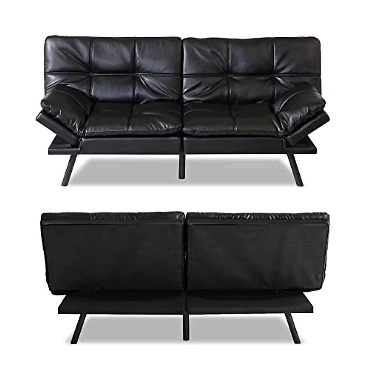 Opoiar Futon Sofa Bed Couch with Frame and Mattress,Black Faxu Memory Foam Leather Futon Split seat, Folding Modern Sleeper Sofa Love seat for Small Space/Drom/Office/Apartment