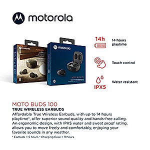 Motorola Moto Buds 100 - True Wireless Bluetooth Earbuds with Microphone – Lightweight, IPX5 Water Resistant, Touch-Control - Comfort Fit and Clear Sound - Includes Micro Charging Case - Black