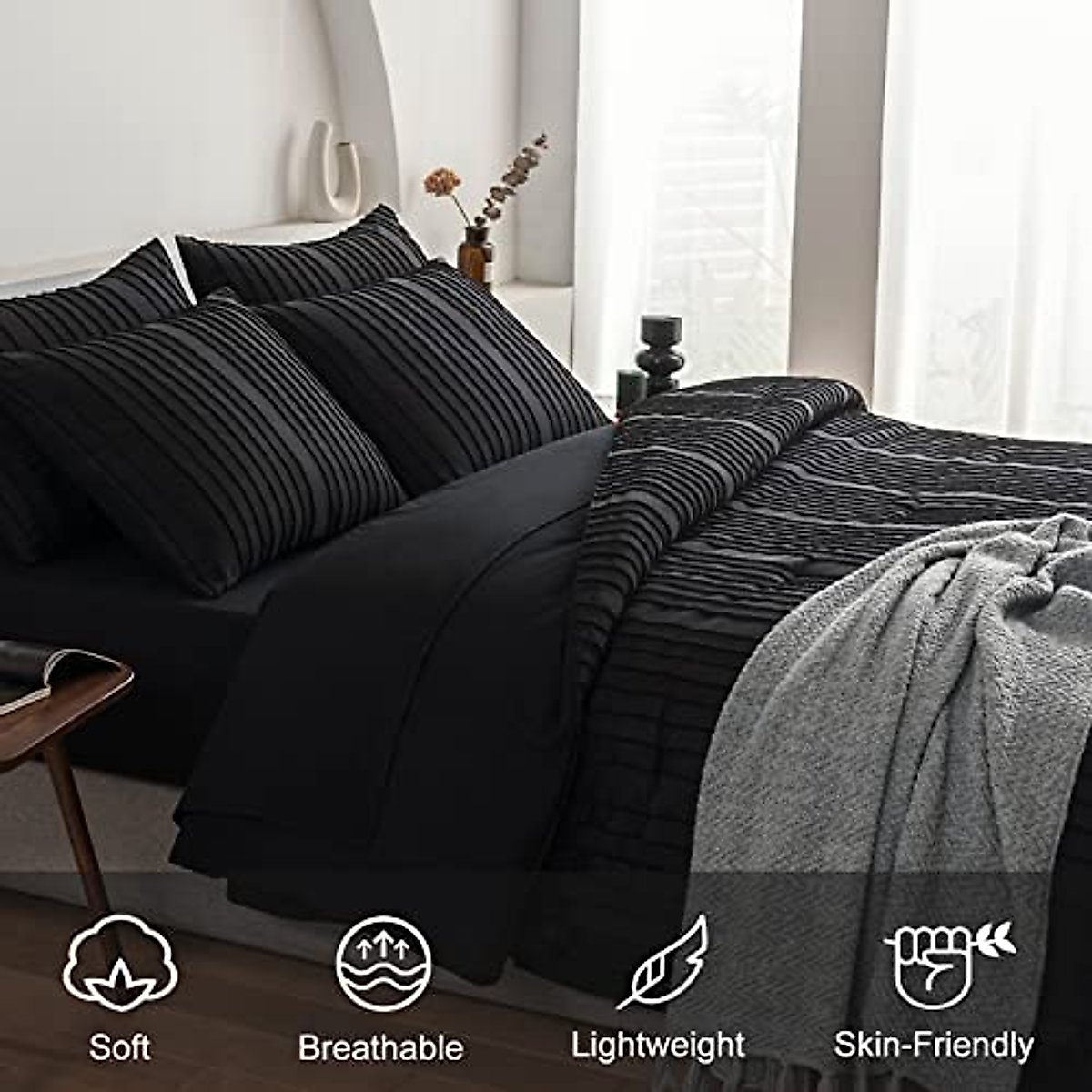 WARMDERN Black Comforter Set Queen Size Soft Bedding Sets Boho Striped Pattern Comforter Set Lightweight Comforter for All Season Down Alternative Comforter Bed in A Bag 7 Piece(Queen, Black)