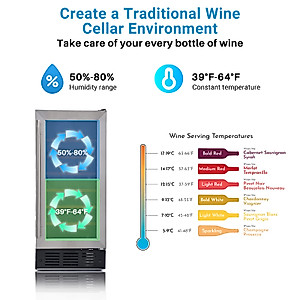 Techomey 15 Inch Under Counter Wine Cooler Refrigerator, 31 Bottle Freestanding Compressor Wine Fridge, Wine Cellar with Beech Wood Shelf, Digital Thermostat and Glass Door, Stainless Steel & Black